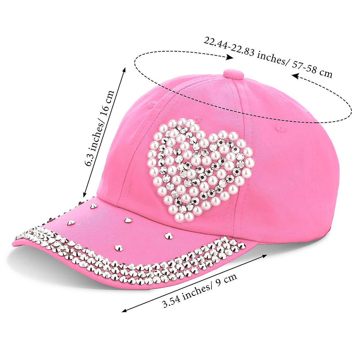 Toulite 3 Pcs Baseball Cap for Women Bling Heart Baseball Cap Studded Rhinestone Pearl Baseball Cap Shiny Baseball Cap for Women, Red Cream Pink