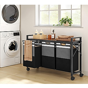 Laundry Sorter with Shelf, 150L Laundry Basket Organizer, 3 Section Laundry Hamper with Rolling Wheels, Grey Black (1 Tier)