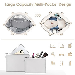 ETRONIK Laptop Tote Bag for Women, 15.6 inch Computer Bag Handbag with Storage Bag, Large Lightweight Travel Tote Bag with Zipper, Carry on Bag for Travel, Work, Business, Office, Casual, Beige