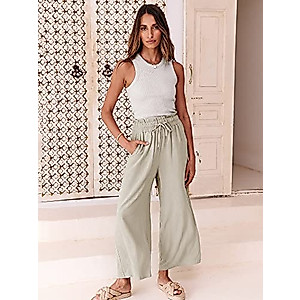ANRABESS Women's Linen Pants Casual Loose High Waist Drawstring Wide Leg Capri Palazzo Lounge Pants Cropped Trousers Summer Boho Outfits 939maxing-S Beige