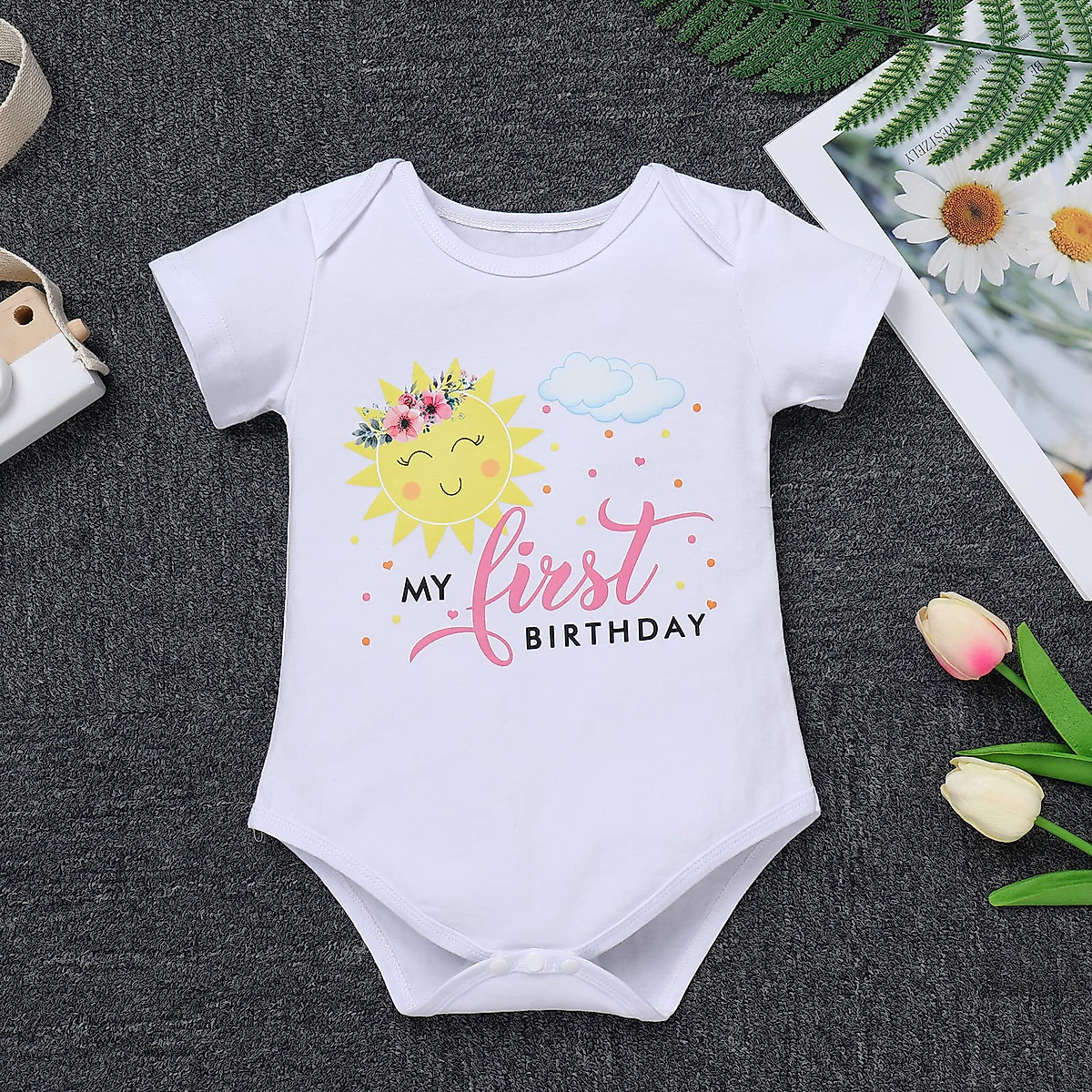 My First Birthday Sunshine Outfit Baby Girls Sunshine Romper + Ruffle Tulle Skirt + Headband 3PCS Party Princess Dress Tutu Clothes for Cake Smash Photo Prop Yellow Sunshine - First Birthday 12 Months