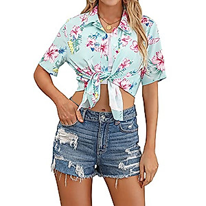 ZXZY Women Summer Hawaii Shirts Soft Cool Floral Tropic Print Short Sleeve Button Up Tops T-Shirt Light Green