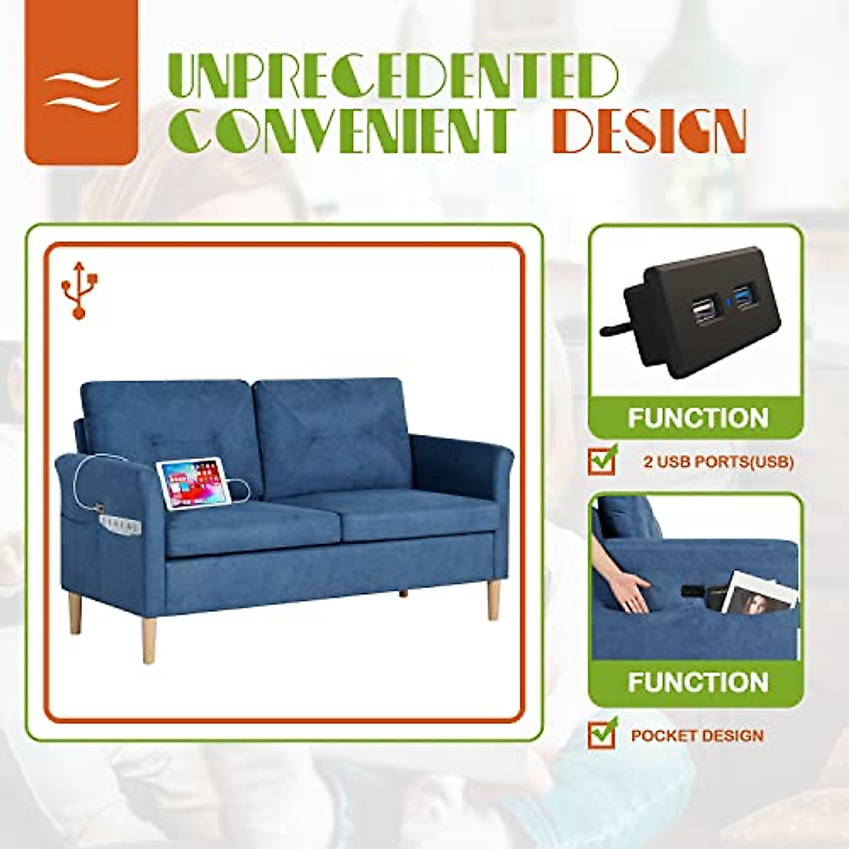 VAMEPOLE 58" Small Loveseat Sofa w/2 USB Charger Ports for Living Room, Mid Century Modern Decor Love Seat Couch, Small Love Seats for Small Spaces, Apartments, Dorm, Office (Navy Blue)