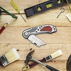 FC Folding Heavy Duty Utility Knife - Pocket Box Cutter with Holster, Quick Change Blades, Razor Sharp, Lockback Design, Lightweight Aluminum Body & Wood Trim