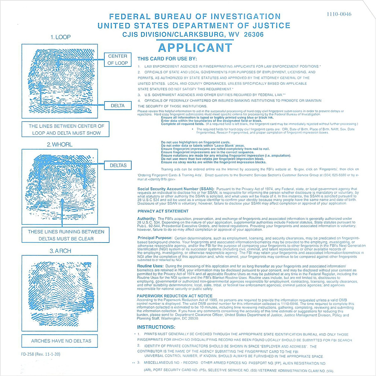 Fingerprint Cards, Applicant FD-258, 50 pack