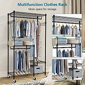 uyoyous 3 Tier Rolling Clothing Rack 73 X 40 Inch Wire Heavy Duty Clothes Rack with Locked Wheels and Side Hooks Rolling Garment Rack Closet Organizer for Bedroom