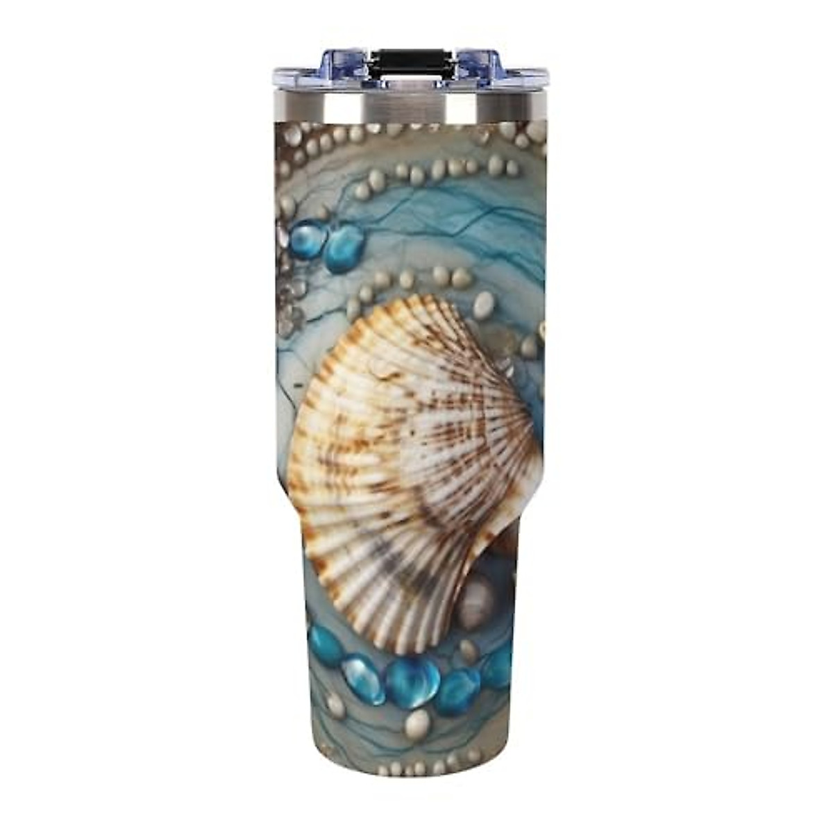 LPSADGF Ocean Shell Art Insulated Stainless Steel Travel Mug, 40 Oz Tumbler with Handle And Straw Double-Wall Vacuum Coffee Cup, Leak-Proof Lid, Keeps Drinks Hot/Cold for Hours