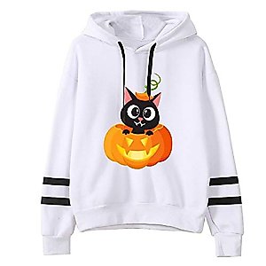 Hoodies for Women, FAPIZI Women Halloween Pumpkin Print Crew Neck Stripe Hooded Sweatshirts Pocket Drawstring Pullover