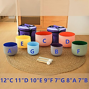 7-12 Inch Full Color Crystal Singing Bowls Set of 7 pcs for Yoga Sound Healing with 2 pcs Travel Carriers