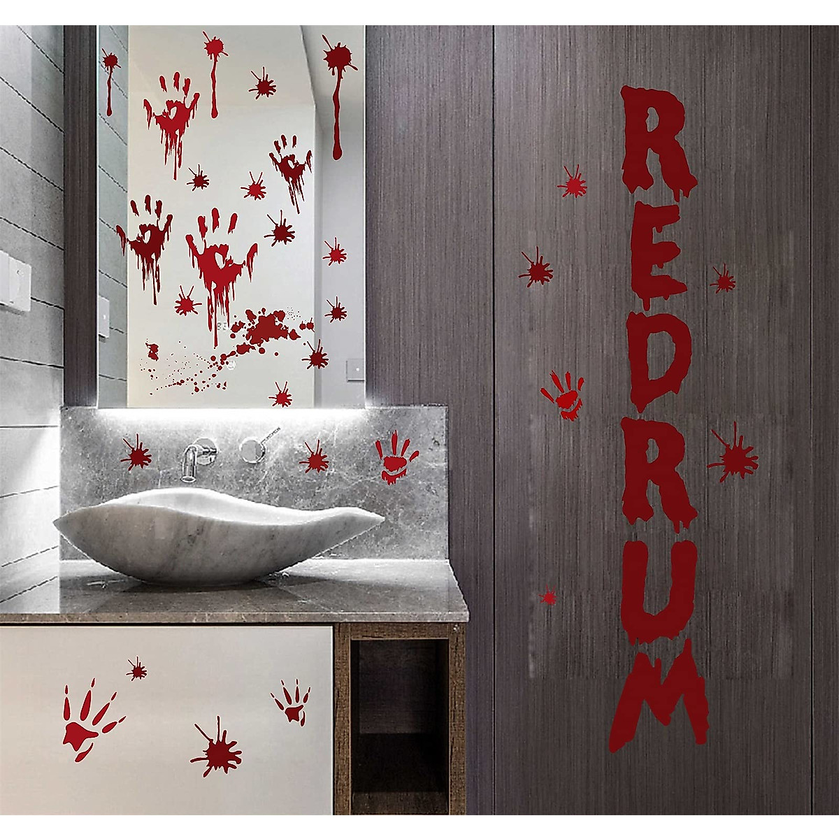 Halloween Redrum Murder Wall Decal Horror Ghost Hand Wall Decals Halloween Blood Splatter Decals Removable Peel and Stick Wall Stickers for Wall Halloween Party Window Decor