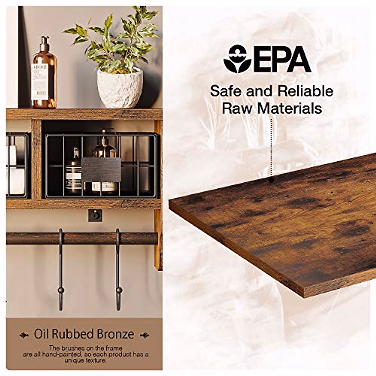 Rolanstar Wall Mounted Shelf with Hooks, Entryway Organizer Shelf with Storage Basket, Wall Mount Coat Rack with 6 Hooks, 24” Coffee Bar Hanging Shelf for Living Room,Bathroom,Kitchen,Rustic Brown