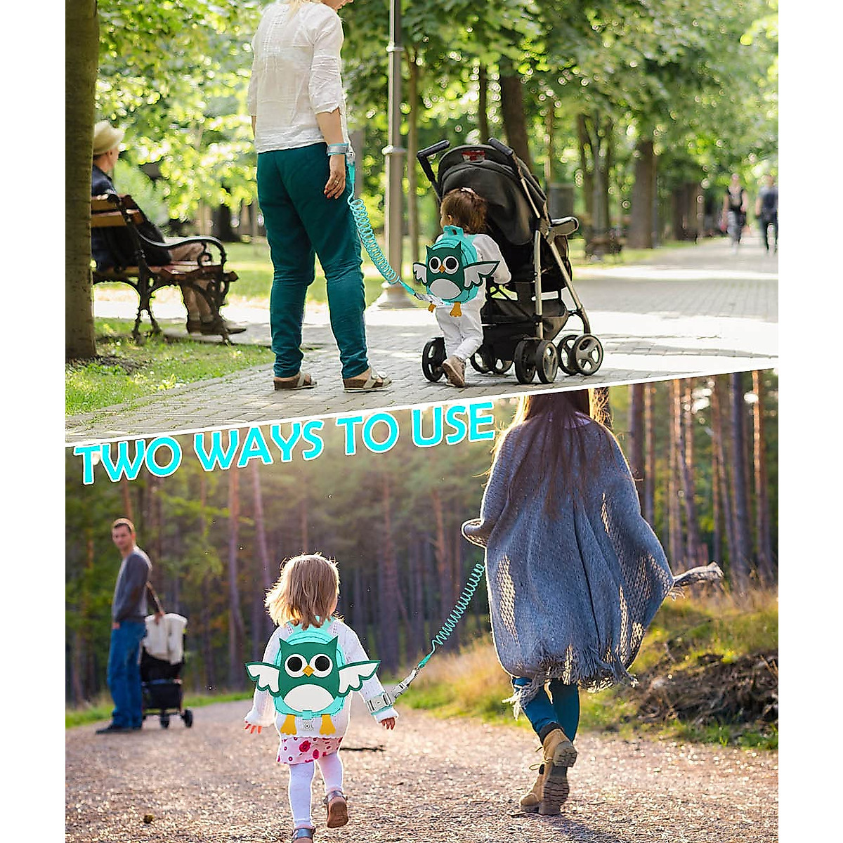 Yuepin Backpack Leash for Toddlers + Anti Lost Wrist Link, Owl Kids Backpack Harness with Leash for 1-5 Years Old Boys and Girls Christmas Gift (Owl Blue)