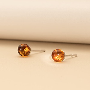 Peora Genuine Baltic Amber 6mm Ball Stud Earrings 925 Sterling Silver, Rich Cognac Color, Friction Backs