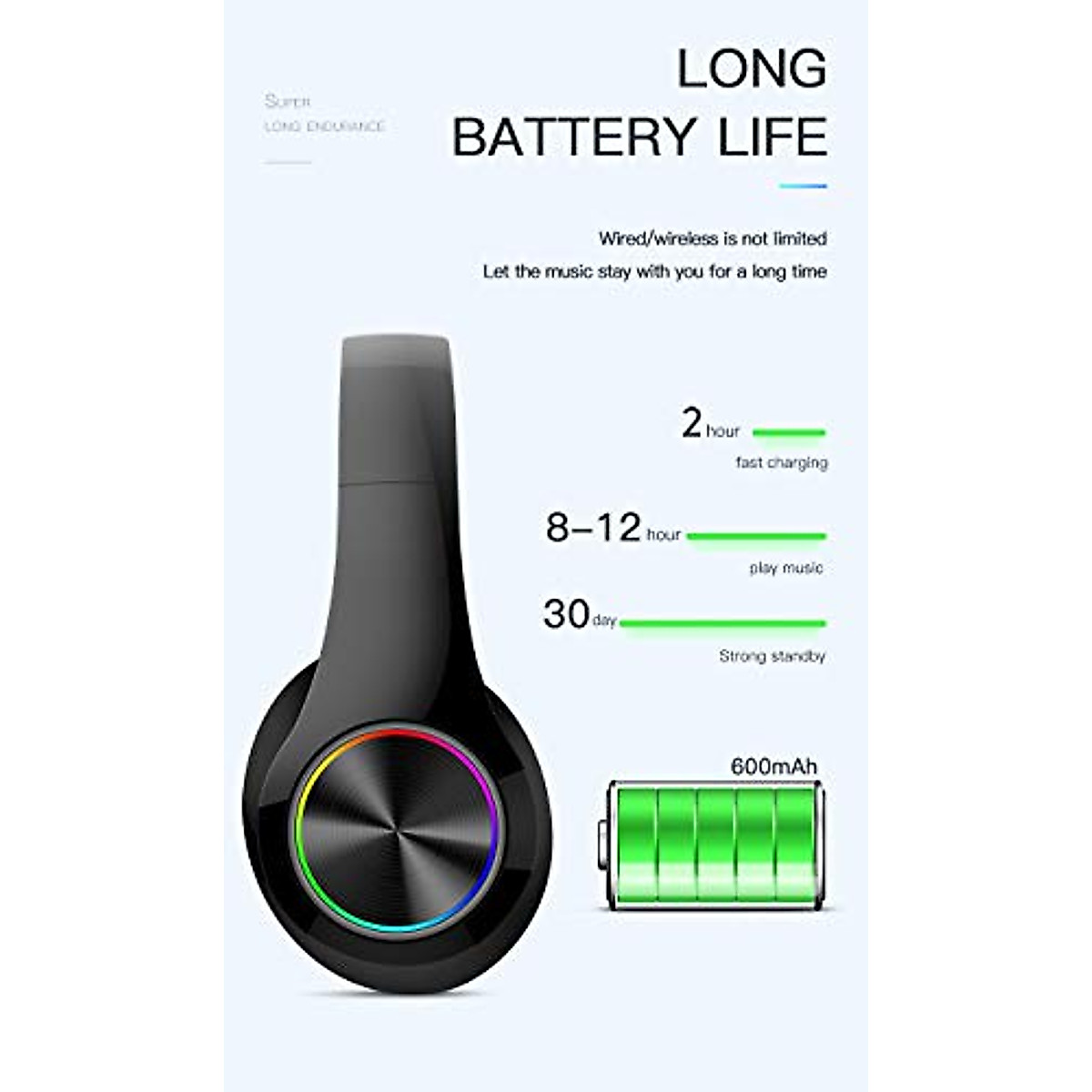 Amazing 7 LED Bluetooth Headphones with 8Hours Playtime, Wireless Headsets Over Ear, Hi-Fi Stereo, Multi-Colored Breathing Led, Built-in Mic, Snug Fit Earphones for Game Video DJ (White)
