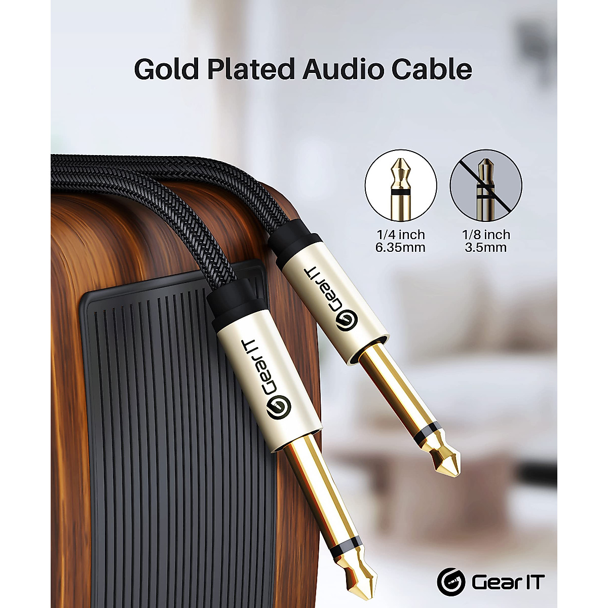 GearIT Guitar Instrument Cable (6ft 2-Pack) 1/4 Inch to 1/4 inch TS Straight Male to Male 6.35mm Mono Jack with Alloy Connector and Nylon Braid