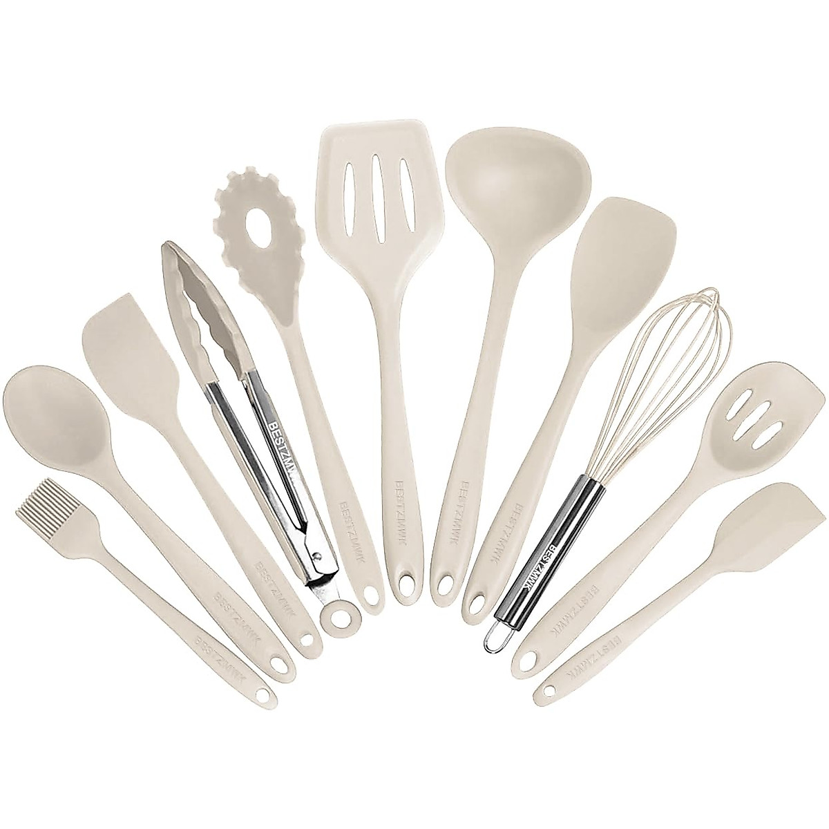 Kitchen Utensil Set - 11 Cooking Utensils - Colorful Silicone Kitchen Utensils - Nonstick Cookware with Spatula Set - Colored Best Kitchen Tools Kitchen Gadgets (Khaki)