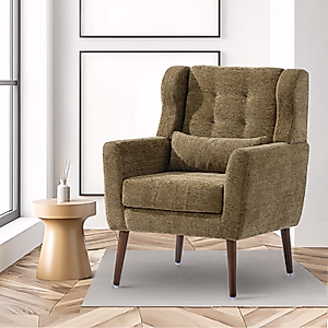 cinkehome Accent Arm Chairs for Living Room, Chenille Upholstered Mordern Armchair, Comfy Soft Padded Lounge Chair in Small Spaces, Bedroom, Pillow, Solid Wood Leg, Olive Green