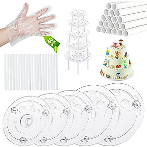 Kartisen 40 Pieces Plastic Cake Dowel Rods Set, 20 White Plastic Cake Sticks Support Rods with 5 Cake Separator Plates for 4, 6, 8, 10,12 Inch Cakes and 15 Clear Cake Stacking Dowels for Tiered Cakes