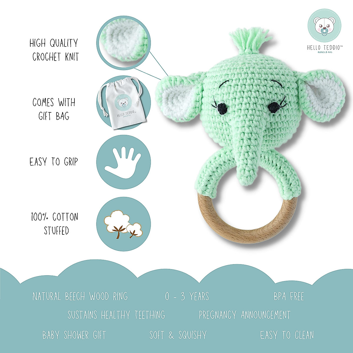 Hello Teddio Baby Rattle Teething Toy, Smooth Wooden Easy Grip Ring, Gender Neutral Baby Gifts