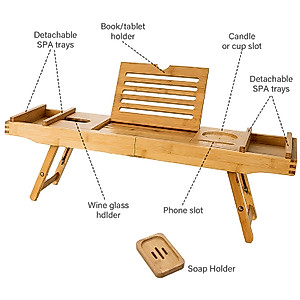 HBlife Bamboo Bathtub Caddy Tray with Extending Sides & Laptop Desk with Foldable Legs,Cellphone Tray and Wineglass Holder，Free Soap Holder (Natural)