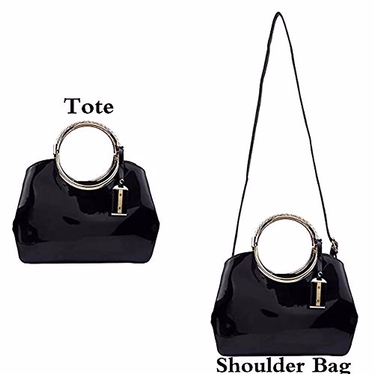 Rullar Women Elegant Handbag and Purse Top Handle Bag Patent Leather Tote Satchel Shoulder Clutch Crossbody Bag with Pendant Black