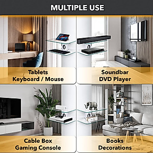 CondoMounts CLMDLSW1002 Pillar & Wall Floating Shelves for Soundbars, Gaming Consoles | No Drill Pillar & Wall Shelf | Holds 40lbs | Fits Pillars 8-in to 48-in Post | Fits No Stud Walls | Clear Glass