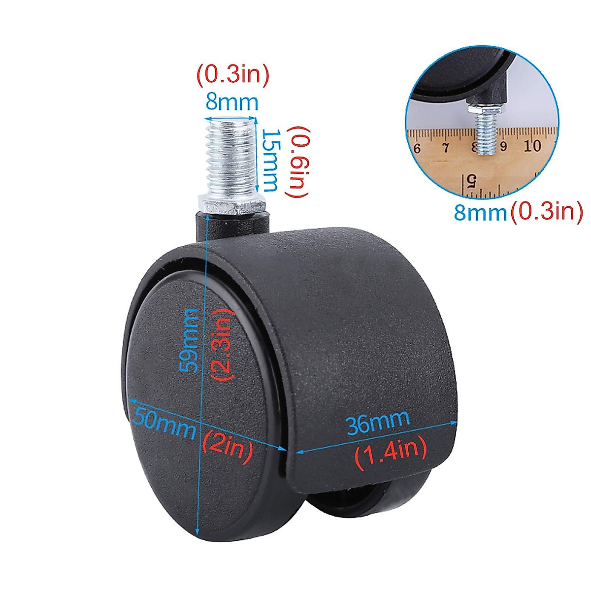 Wheel Plate Casters 50mm Swivel Caster Wheels 2 Inch 360 Degree Rotate Furniture Caster Wheel Replacement Caster,Desk Castors,Double Wheel,Chair Accessories,with Threaded Stem,4Pcs