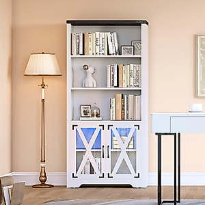 YITAHOME Bookcase with Doors&LED Light, White Bookshelf with Storage Cabinet, Wooden Farmhouse Bookshelves for Living Room/Bedroom/Dining Room/Bathroom