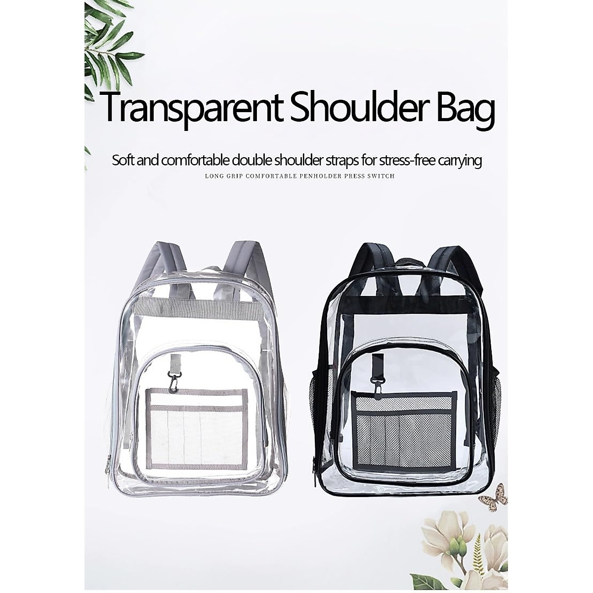 Fei Fan PVC fashion transparent backpack, heavy duty transparent backpack XL, men, women, daily life, work, travel. (Black)