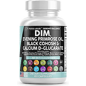 DIM 300mg Evening Primrose 3000mg Black Cohosh 3000mg Calcium D-Glucarate 250mg Sulforaphane Flax Seed Extract - Hormonal Balance Support Vitamins for Women with Dong Quai - Made in USA 60 Caps