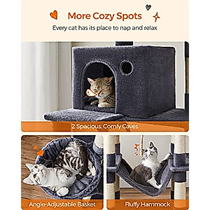 Feandrea Cat Tree, 81.1-Inch Large Cat Tower with 13 Scratching Posts, 2 Perches, 2 Caves, Basket, Hammock, Pompoms, Multi-Level Plush Cat Condo for Indoor Cats, Smoky Gray UPCT190G01