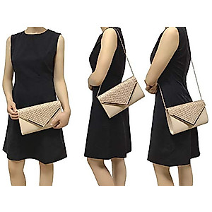 CHARMING TAILOR Elegant Satin Clutch Shimmering Rhinestones Laser-cut Flap Prom Purse (Beige)