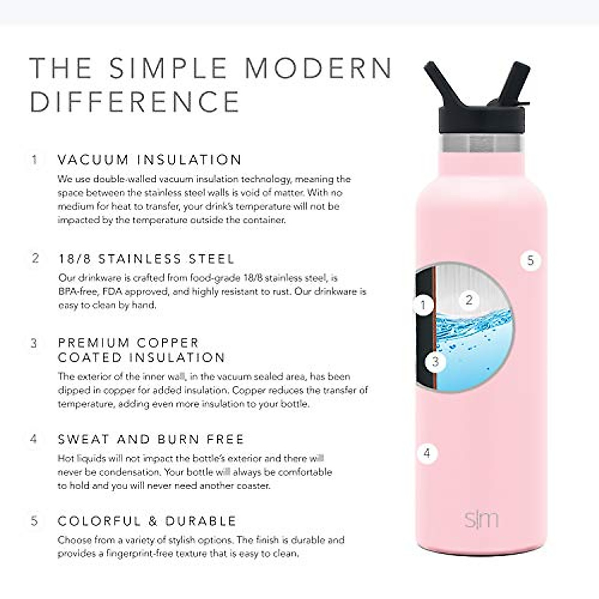 Simple Modern Water Bottle with Narrow Mouth Straw Lid Metal Thermos Vacuum Insulated Stainless Steel l Reusable Leak Proof BPA-Free Flask | Ascent Collection | 17oz, Blush