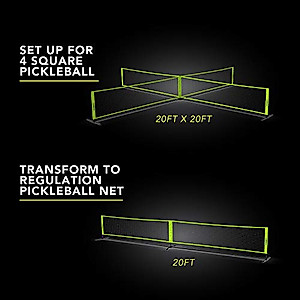 Triumph Sports 4 Square Pickleball Game Set Transforms to Regulation Pickleball Net, Includes 4 Square net, Wood Racket Paddles, Pickleballs, Boundary Markers, Metal Frame, Carry Bag