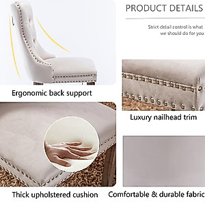 Rhomtree Set of 2 Fabric Dining Chairs Luxury Tufted Back with Nailed Trim and Back Ring Pull Home Kitchen Dining Room Chairs Armless Side Chairs Solid Rubber Wood Legs (Beige)