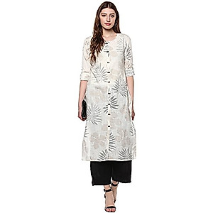 Janasya Indian Women's Tunic Tops Cotton Kurti for Women(JNE2171-KR-437-M) Off-White