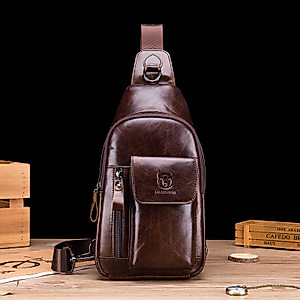 BULLCAPTAIN Genuine Leather Sling Bag for Men Leather Casual Crossbody Shoulder Backpack Travel Hiking Vintage Chest Bags Mens Daypacks (Coffee)