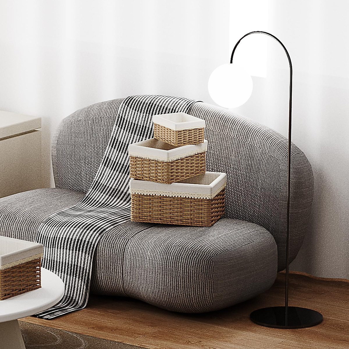 Melovinho 3 Pack Storage Basket, Water Hyacinth Wicker Storage Basket with Built-in Handles, Wicker Baskets for Organizing, Large Storage Baskets for Shelves Wicker Basket with Liner (3)