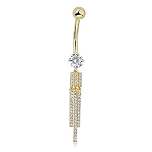 AVORA 10K Yellow Gold Simulated Diamond CZ Tassel Dangle Belly Button Ring Body Jewelry (14 Gauge)