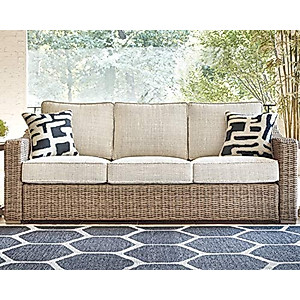 Signature Design by Ashley Beachcroft Outdoor Wicker Patio Sofa with Cushion and 2 Pillows, Beige, Light Gray