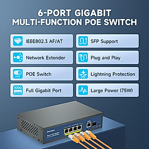 Davuaz Gigabit PoE Switch with 4 POE+ Port, 1 Gigabit Uplink Port and 1 SFP Port, IEEE802.3af/at Compliant, Up to 78W, Metal Design, Unmanaged Power Over Ethernet Switch, Plug and Play Network Switch
