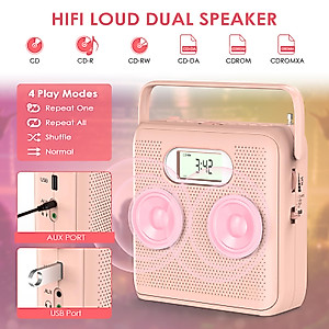 Gueray Portable CD Player, Bluetooth CD Player with Speakers Handle Design, CD Boombox for Home FM Radio CD Player with LCD Display for Kids Support USB AUX Playback Headphone Jack