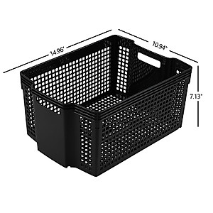 Begale 12 Pack Large Plastic Storage Baskets Organizer, Black Stacking Storage Basket Bin for Pantry, Shelves