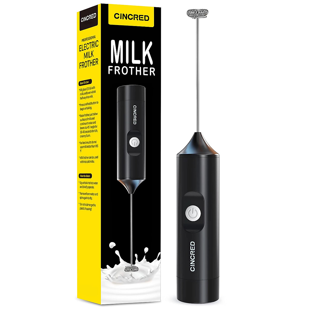 Cincred Milk Frother Handheld, Battery Operated Electric Frother for Coffee, Mini Whisk, Foam Maker and Drink Mixer for Latte, Cappuccino, Frappe, and Hot Chocolate (Black)