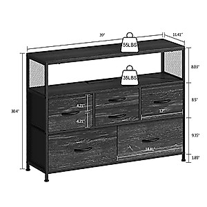 Simoretus TV Stand with Power Outlet and Fabric Drawers Entertainment Center for TV up to 45 inch Industrial Open Storage Shelf Media Console Dresser for Living Room Bedroom Charcoal Black