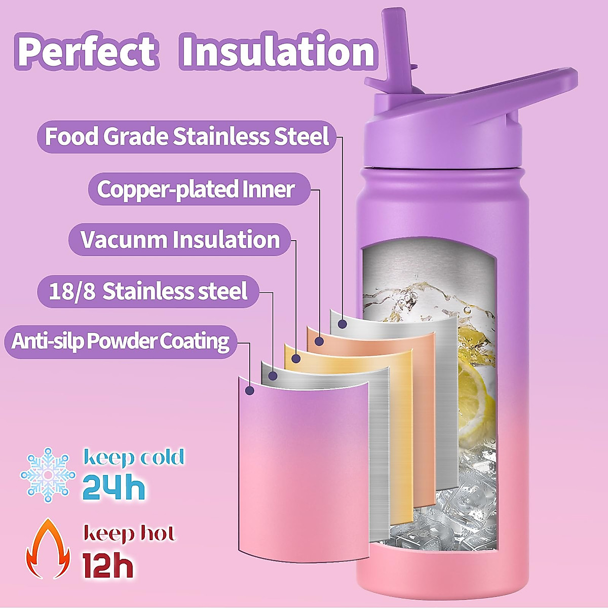 Mininoo Kids Water Bottle for School, 16oz Stainless Steel Insulated Water Bottle Kids with Straw Lid for Girls, Boys (Purple/Pink)