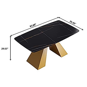 Modern Kitchen Dining Table, 63" Rectangular Sintered Stone Tabletop Dining Table with Gold Carbon Steel Table Legs, Kitchen Table Dining Room Table for Dining Room Living Room, Black(Without Chairs)