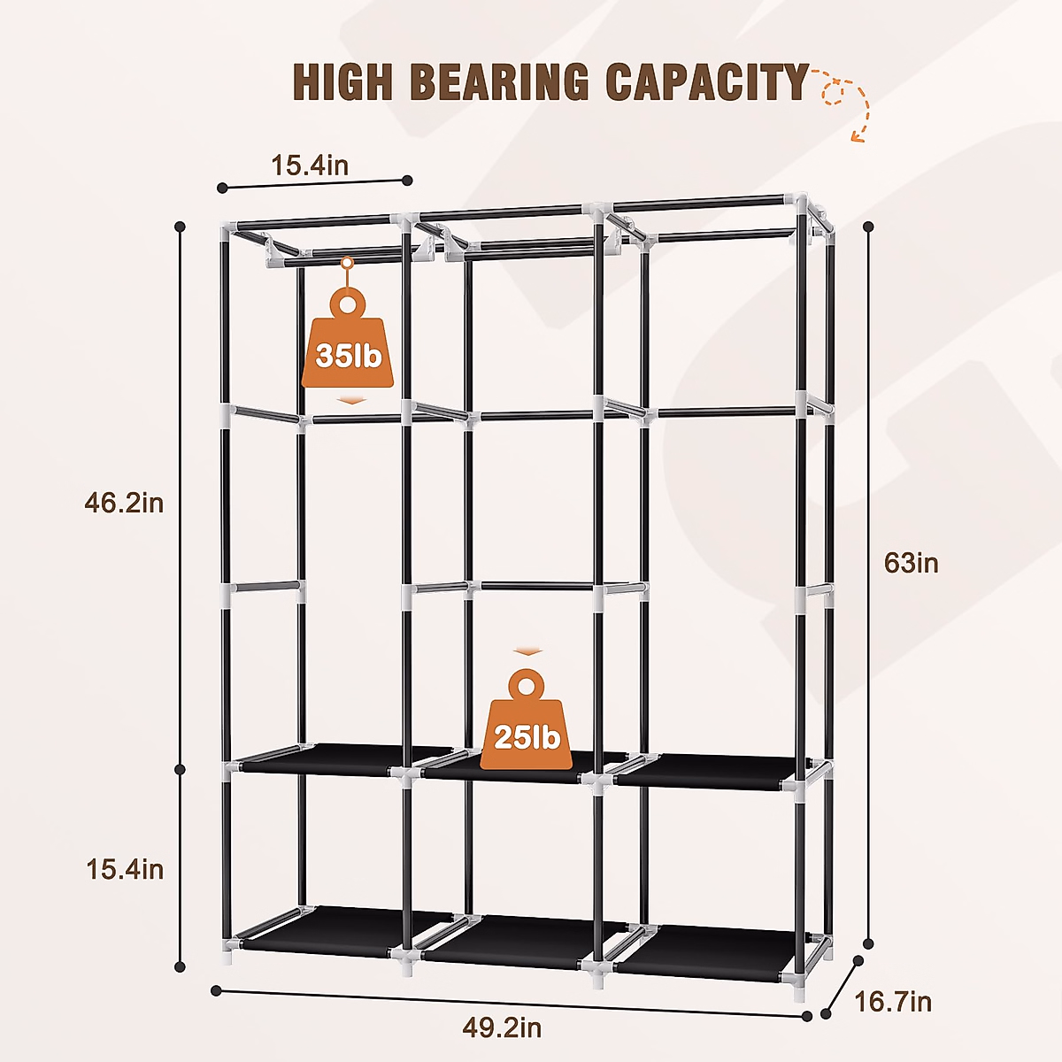 Neatrays Wardrobe Closet，Portable Closets for Hanging Clothes,Free Standing Clothes Rack with Cover & 3 Hanging rods & 6 Storage Shelves & 2 Side Pockets