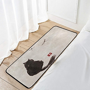 Retro Black Fluffy Cat Dragonfly Kitchen Floor Mat Bath Runner Rug Non Slip Area Mat Rug Absorbent Comfort Standing Mat Carpet for Indoor Outdoor Doormat 39 x 20 Inch