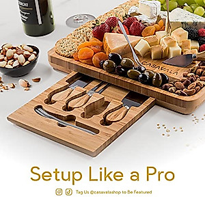 Bamboo Cheese Board Set - Premium Cheeseboard Gift Set - Includes 4 Cheese Knives & 10 Cheese Forks- charcuterie board set, Fruit, Cured Meat Serving Platter With Drawer- Ideal For Parties & Events